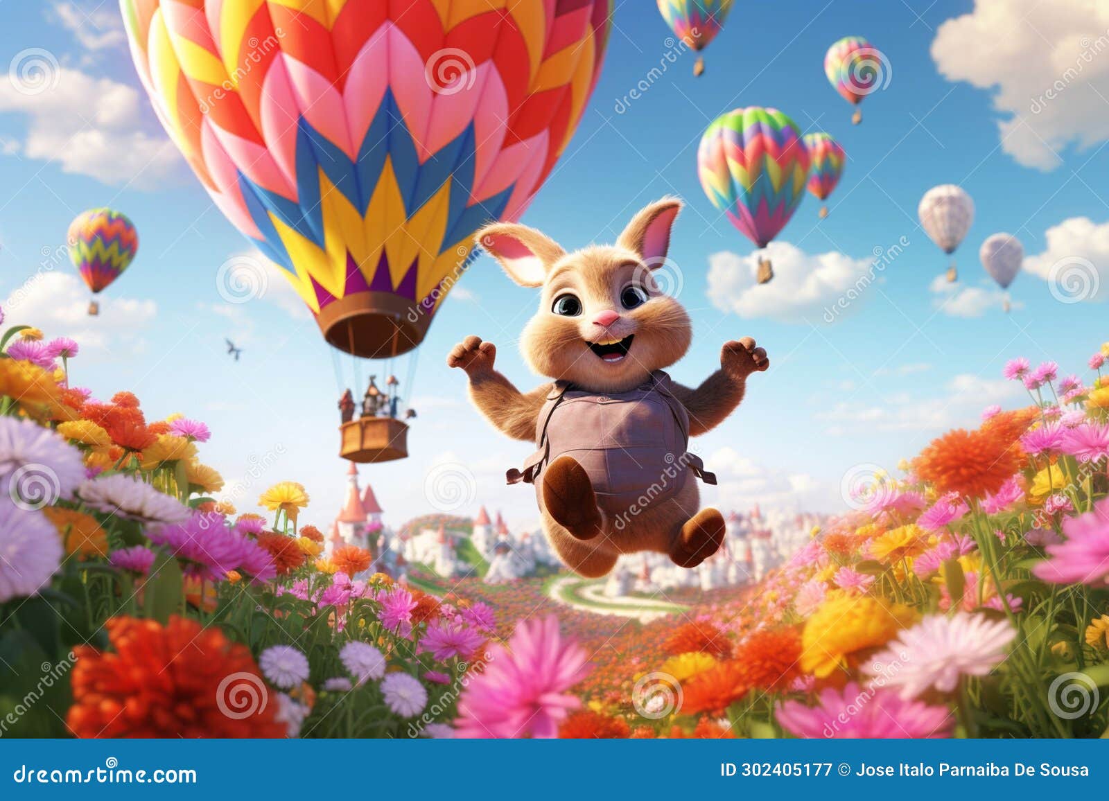 Whimsical Scene of a Rabbit in a Air Balloon Stock Illustration ...