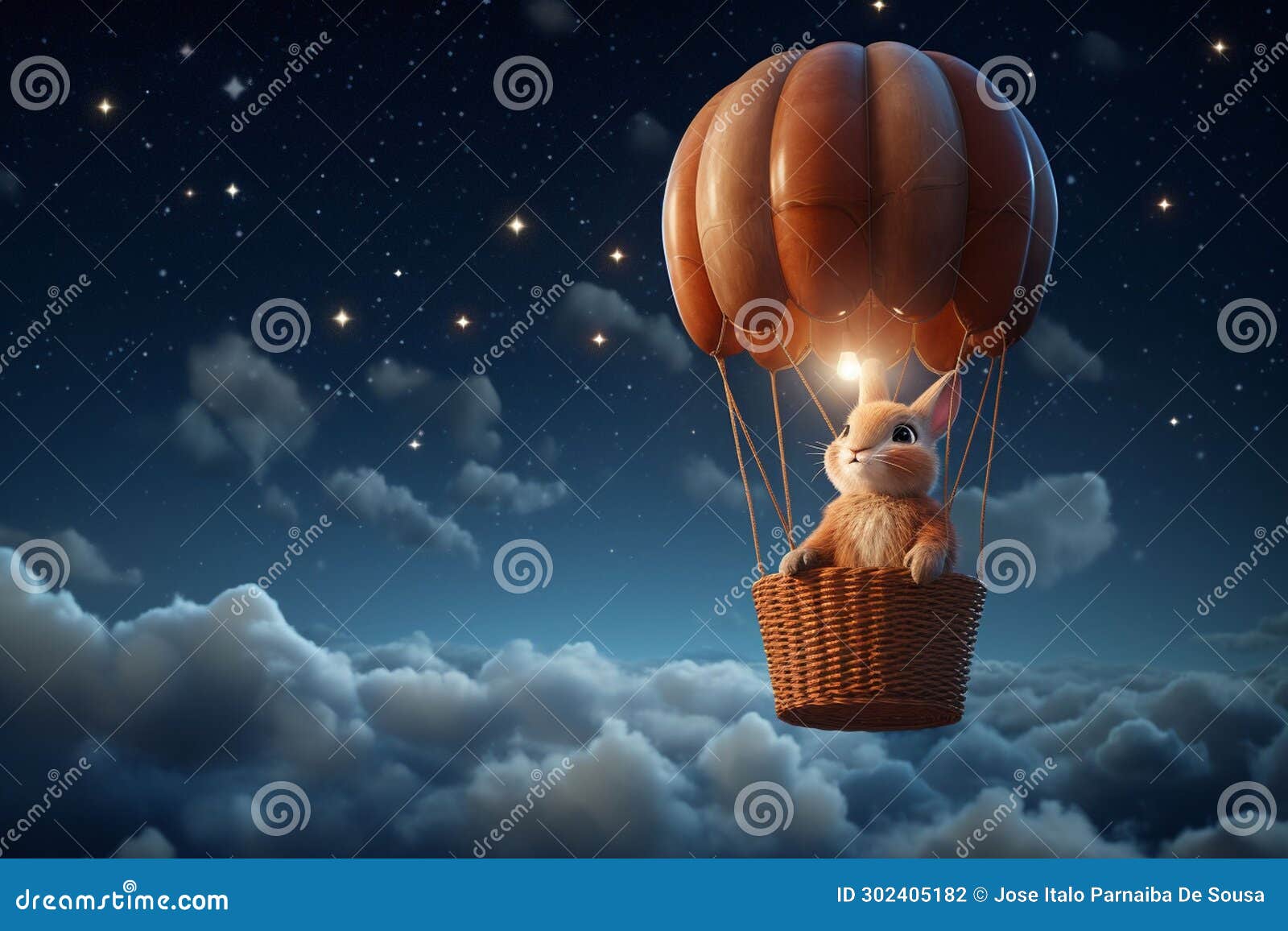 Whimsical Scene of a Rabbit in a Air Balloon Stock Illustration ...