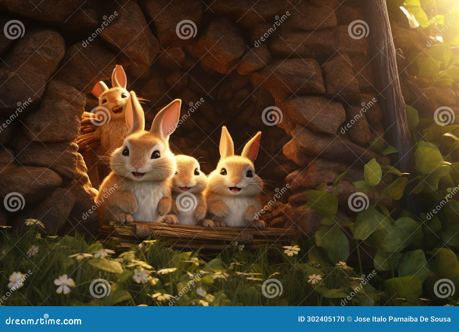 Whimsical Scene of a Rabbit Family Enjoying a Stock Illustration ...