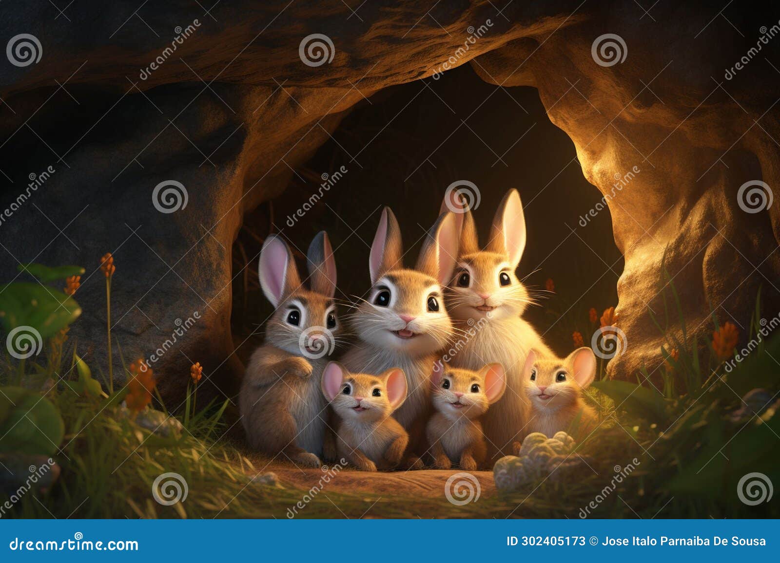 Whimsical Scene of a Rabbit Family Enjoying a Stock Illustration ...