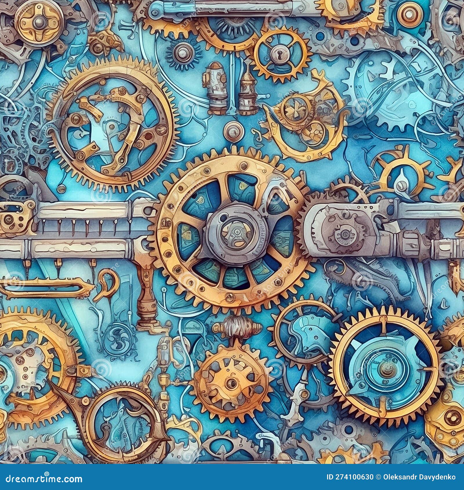 Whimsical Seamless Pattern with Gears in Blue Tones. Intricate ...