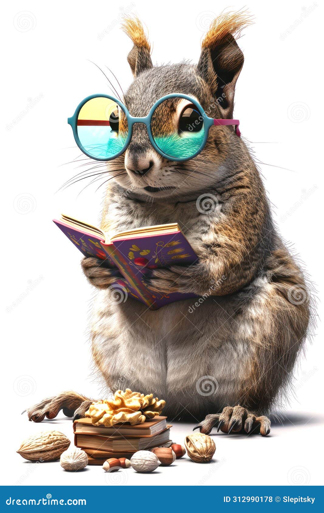 A Whimsical Squirrel in Colorful Glasses Reading a Book, Surrounded by ...