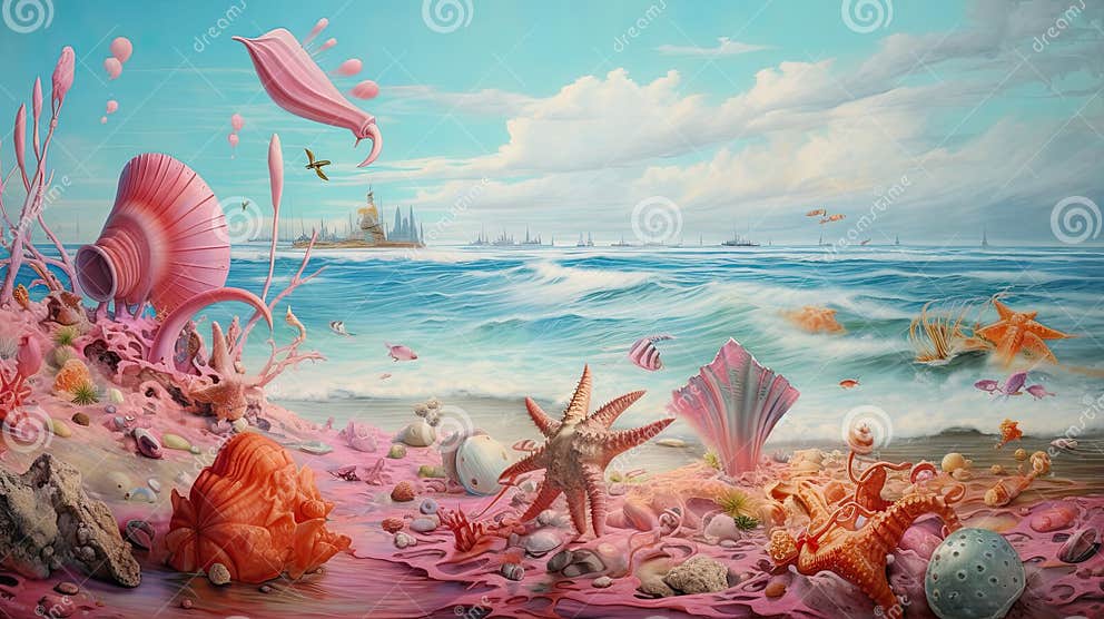 Whimsical Summer Scene with a Seashell Stock Illustration ...