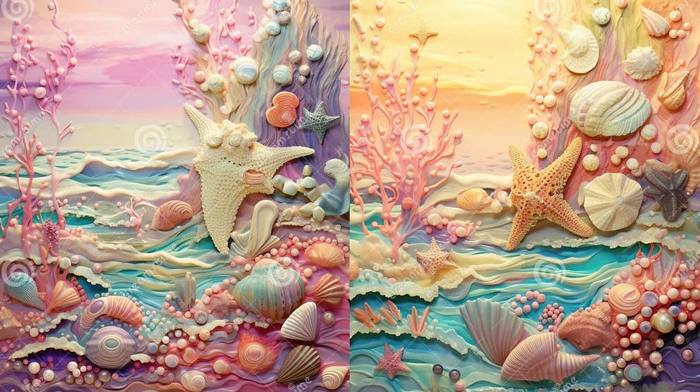 Whimsical Summer Scene with a Seashell Stock Illustration ...