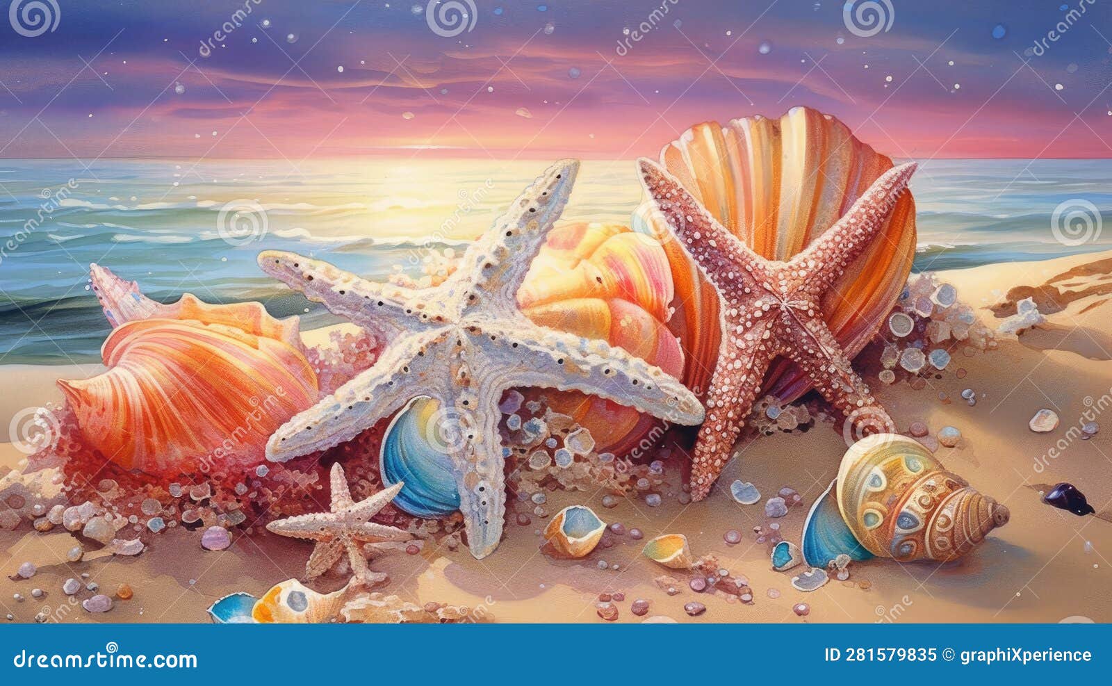Whimsical Summer Scene with a Seashell Stock Illustration ...