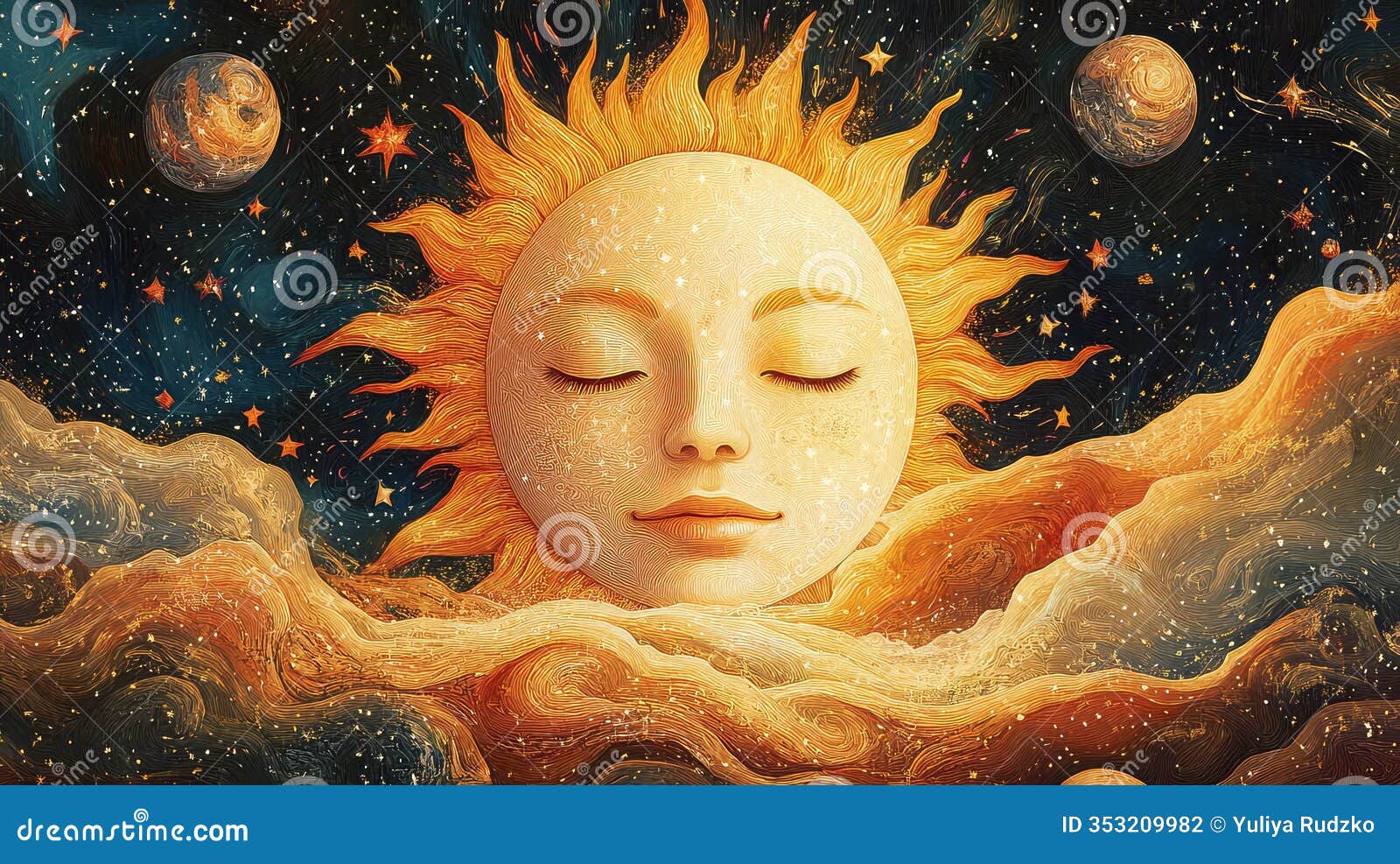 Whimsical Sun Face with Stars and Planets Stock Photo - Image of ...