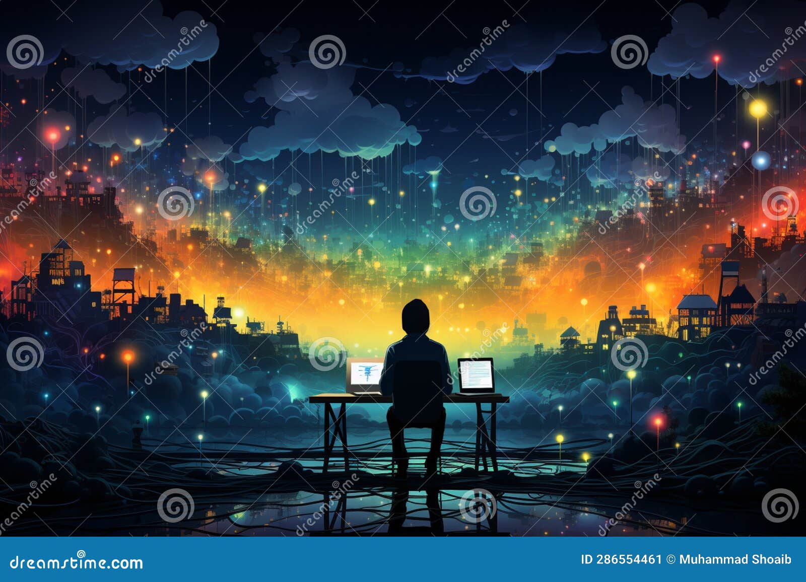 Whimsical Tech Connection Cartoonish Vector Illustration of Abstract ...