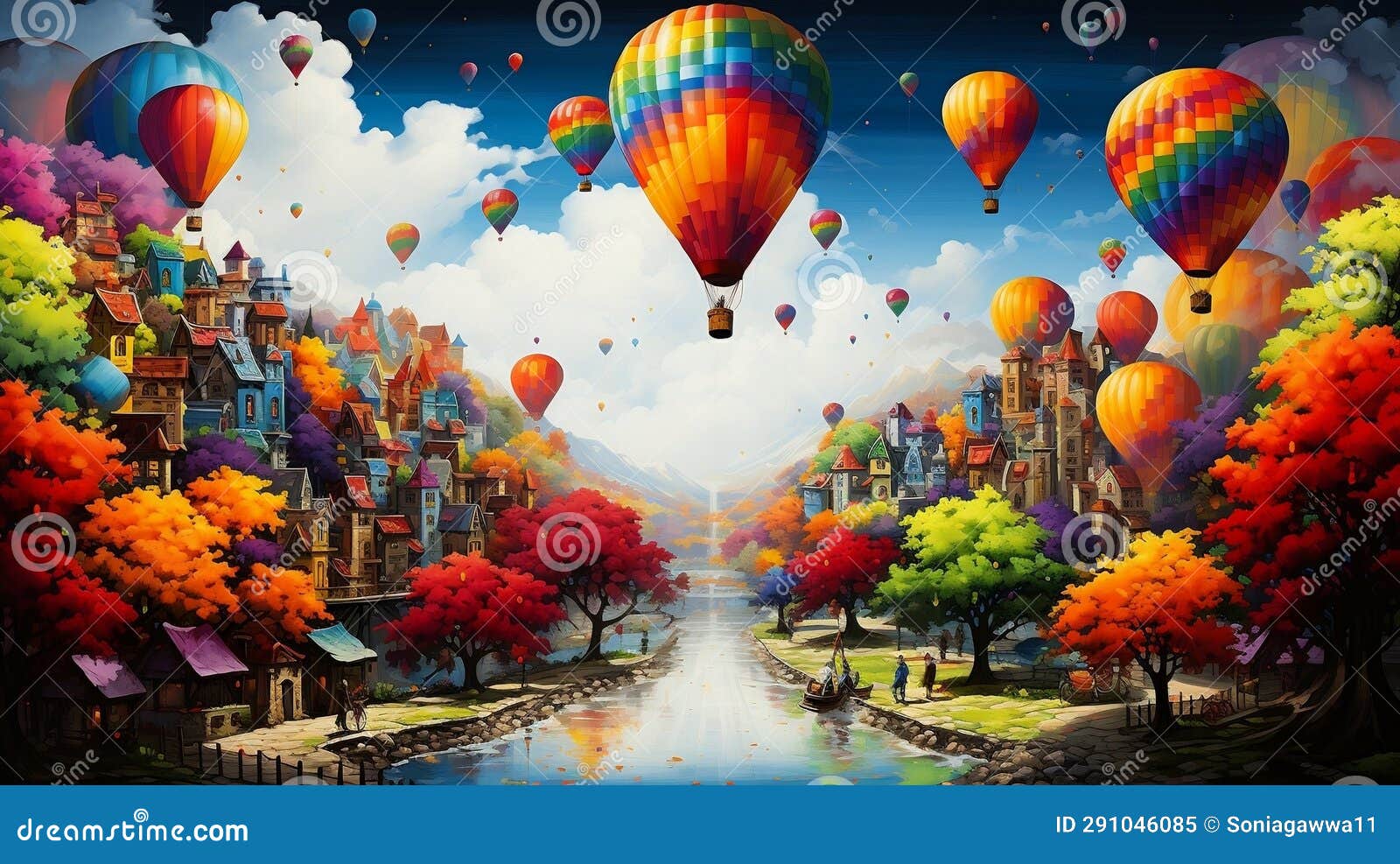 A Whimsical Technicolor Dreamscape with Flying Balloon City by AI ...