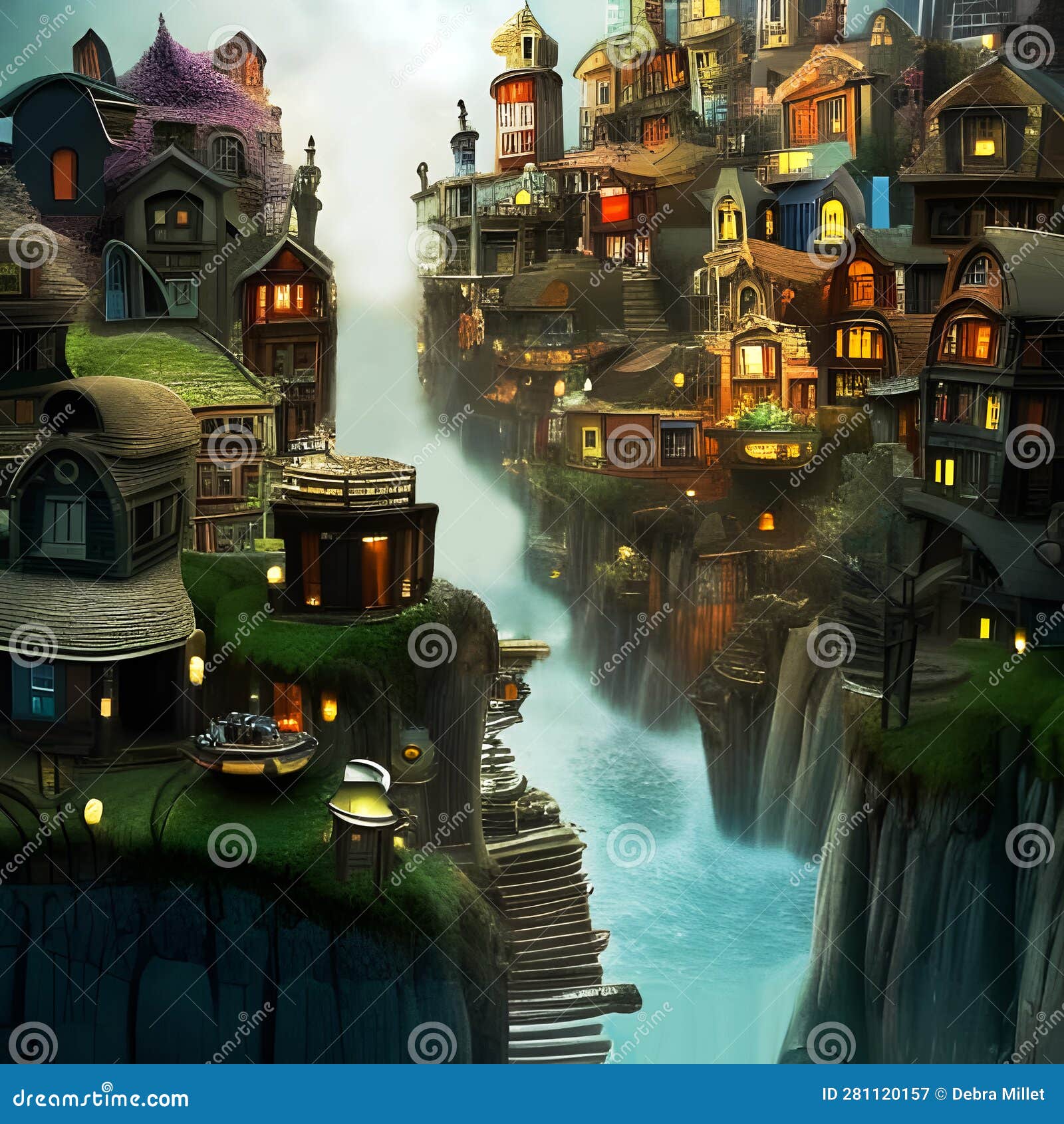 Whimsical Towns Seperated by a Cavernous Waterfall Stock Illustration ...