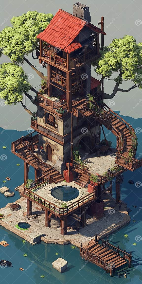 Whimsical Treehouse Over Water with Rustic Architecture and Lush ...