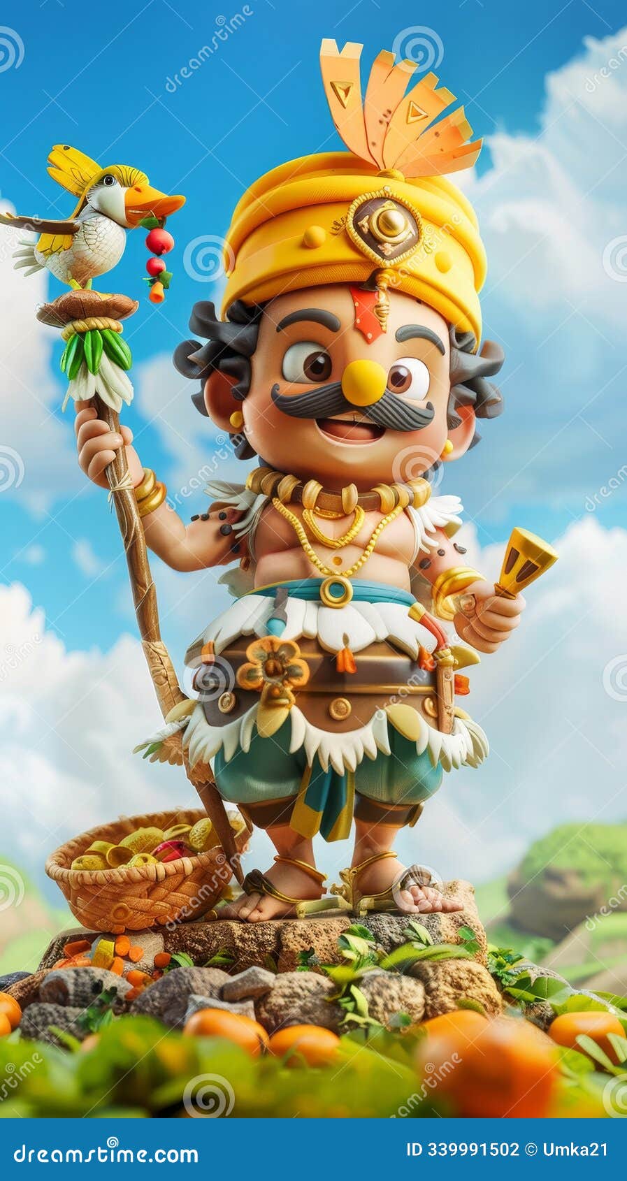 Whimsical Tribal Character with Bird and Nature Setting Stock ...