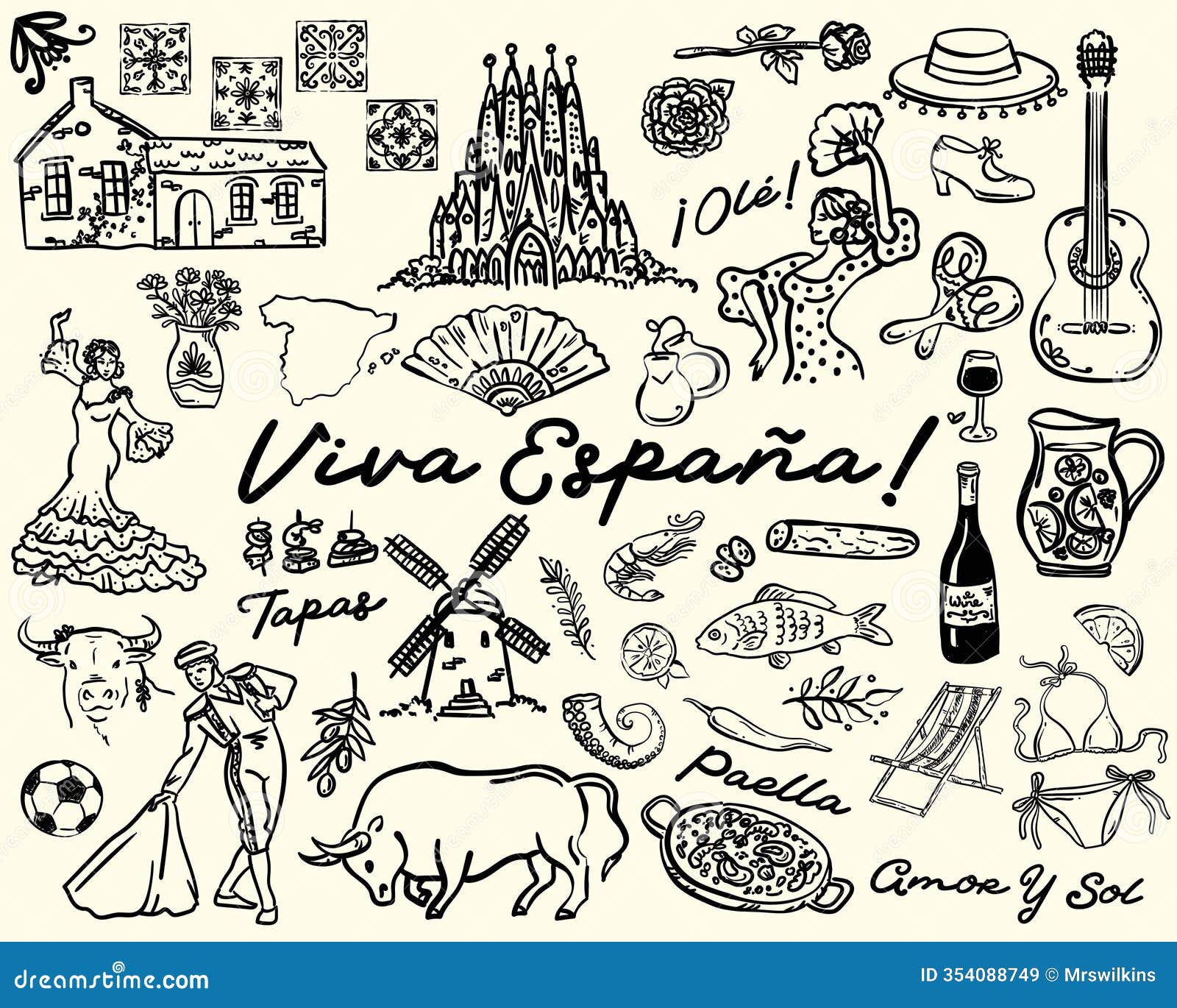 Hand Drawn Whimsical Style Spanish Culture Elements Vector Set Stock ...