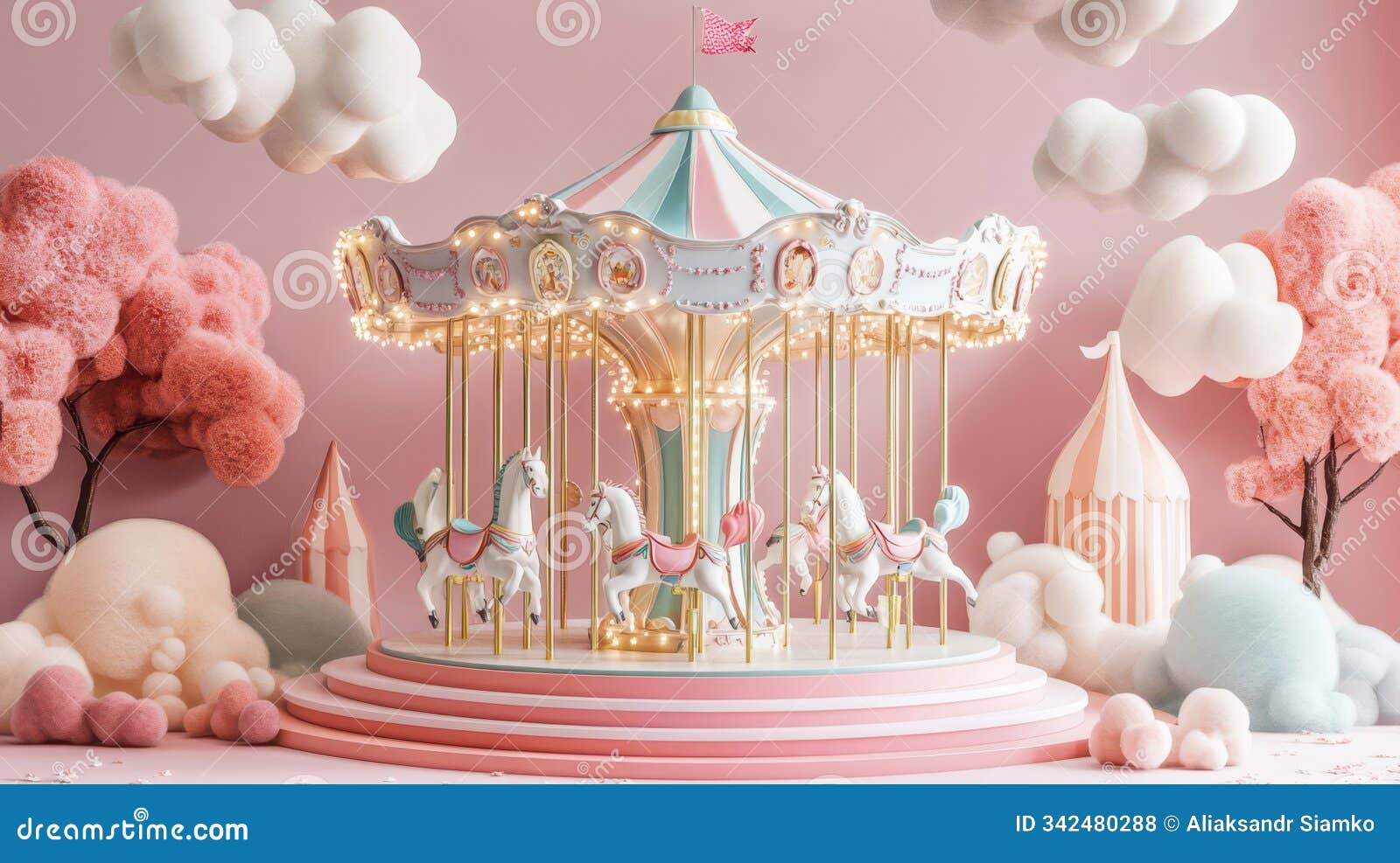Whimsical Vintage Carousel in Pastel Colors Stock Illustration ...