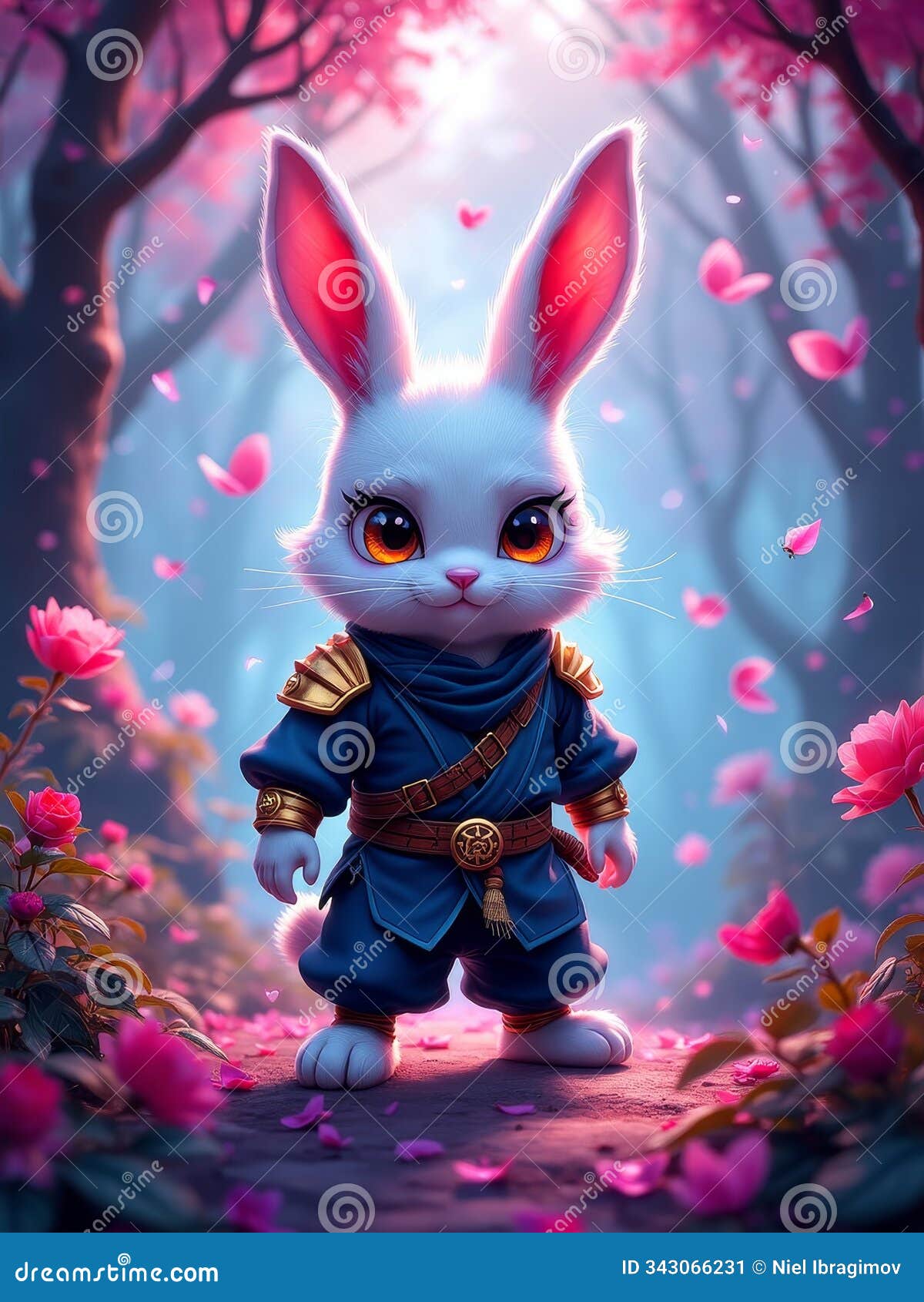 Whimsical Warrior Rabbit in Enchanted Sakura Forest Stock Image - Image ...