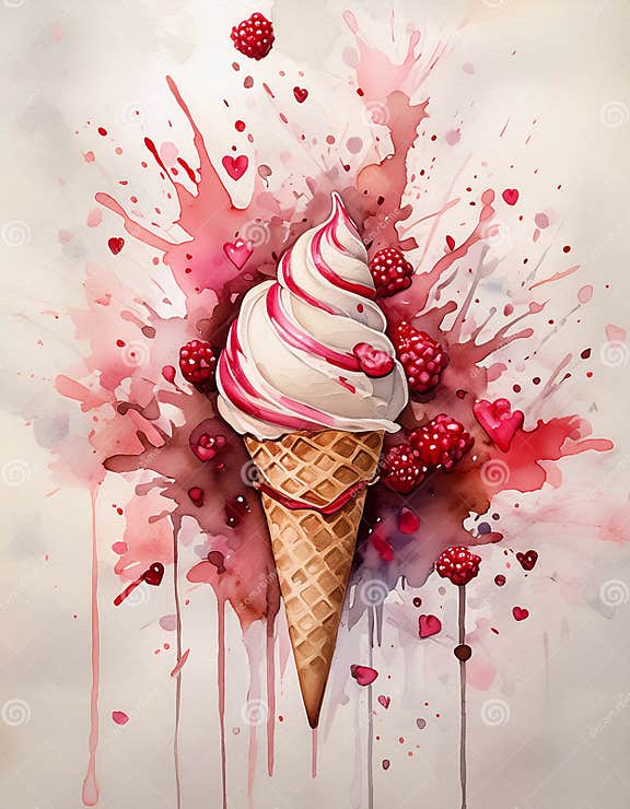 Whimsical Watercolor of an Ice Cream Cone Exploding with Raspberry Love ...
