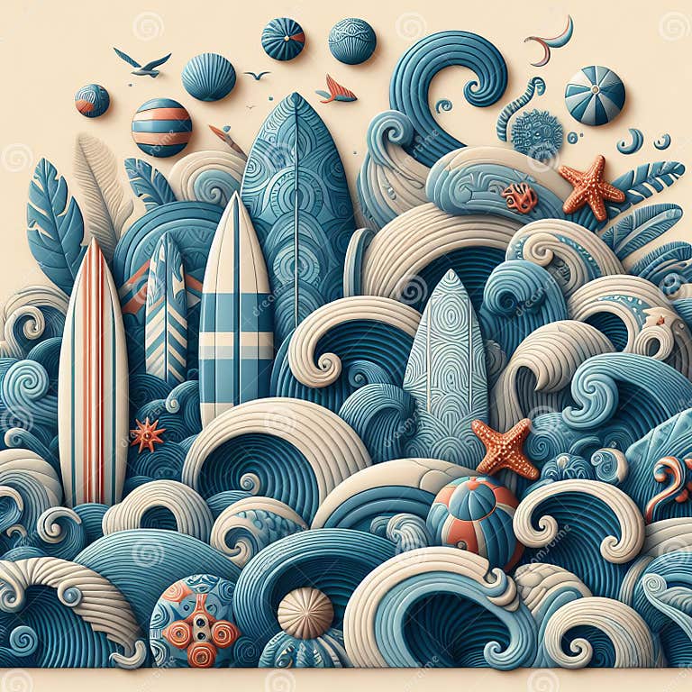 Whimsical Wave Pattern with Surfboards and Beach Themed Elment Stock Illustration - Illustration ...
