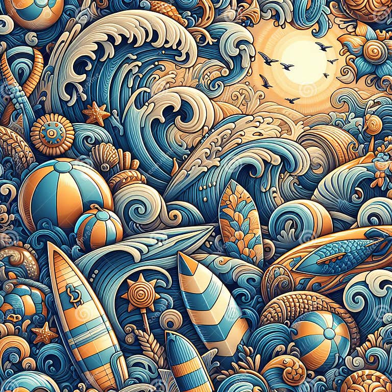 Whimsical Wave Pattern with Surfboards and Beach Themed Elment Stock Illustration - Illustration ...