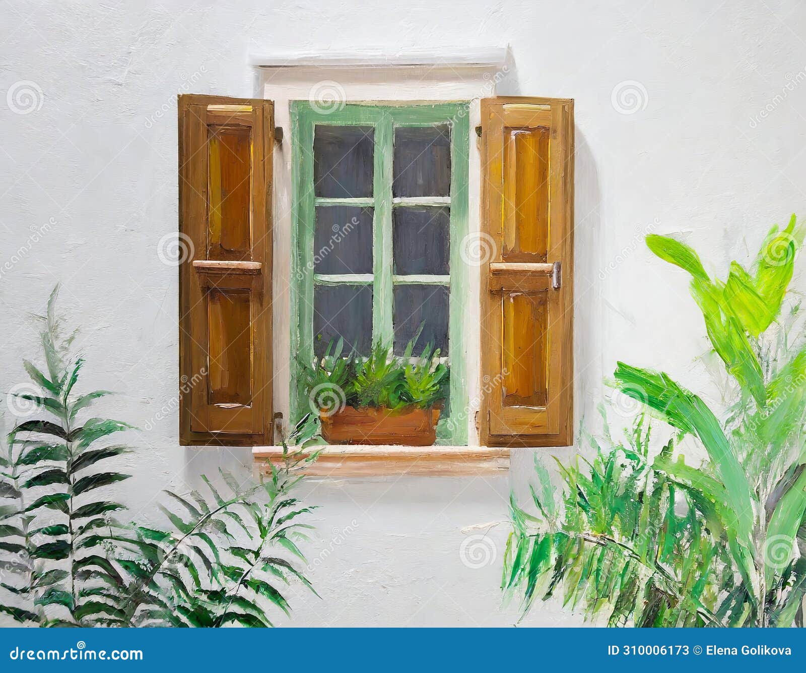A Whimsical Window with Green Shutters and Flowers on the Windowsill ...