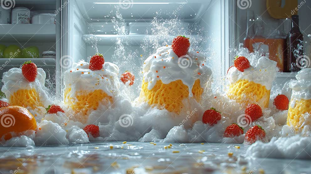 Exploding Whipped Cream Cakes with Strawberries in a Fridge Stock Photo ...