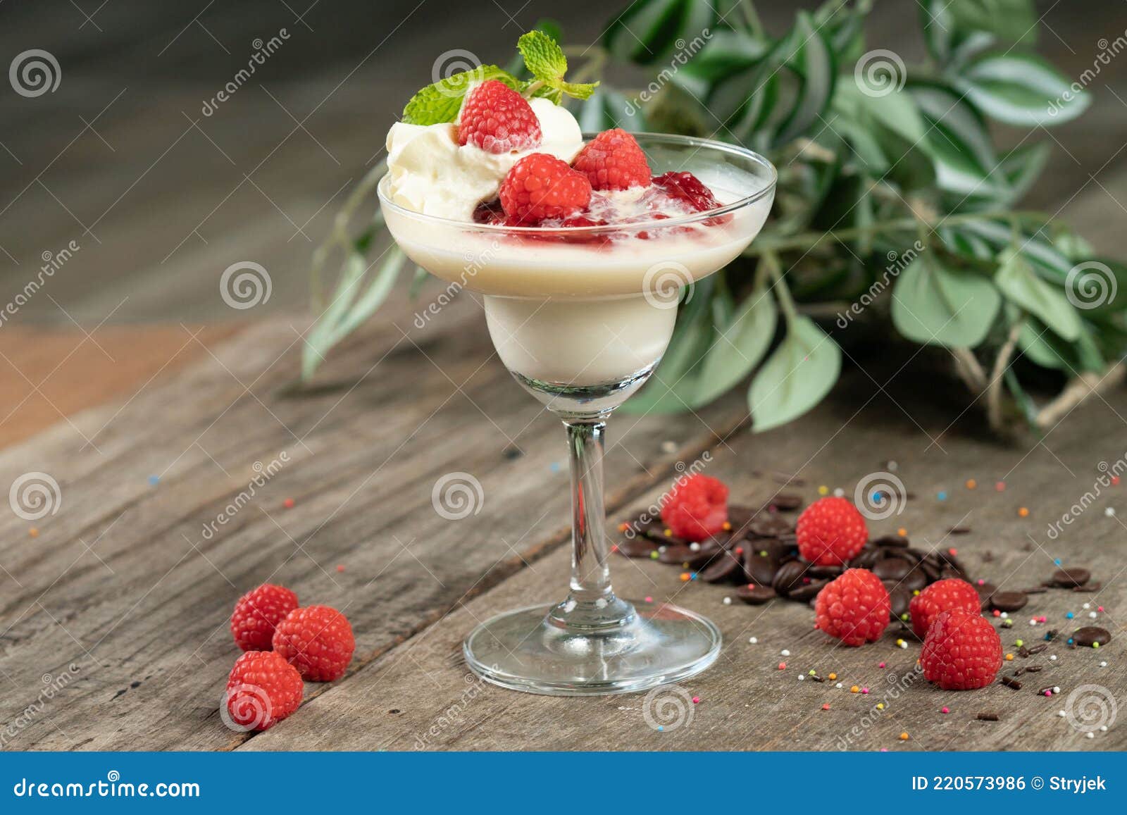 Whipped Cream, Milk, Raspberry, Vanilla and Raspberry Sauce Stock Photo ...