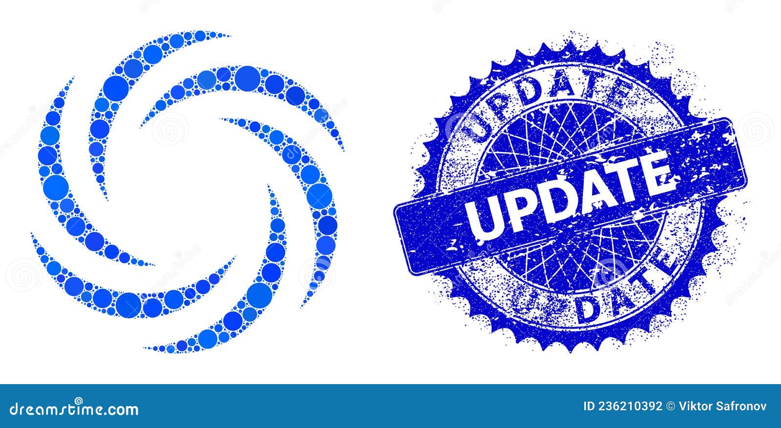 Vector Whirl Rotation Collage of Dots with Textured Update Stamp Seal ...