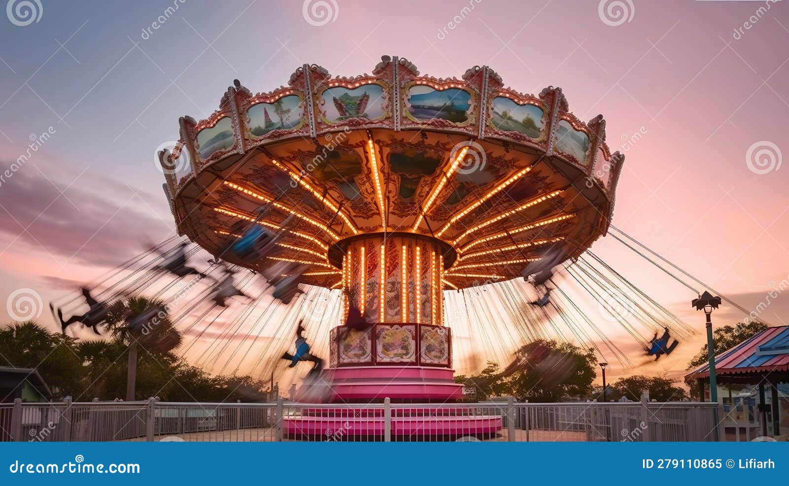 Whirling in Sunset Hues: the Mesmerizing Flight of a Pink Carousel Ride ...