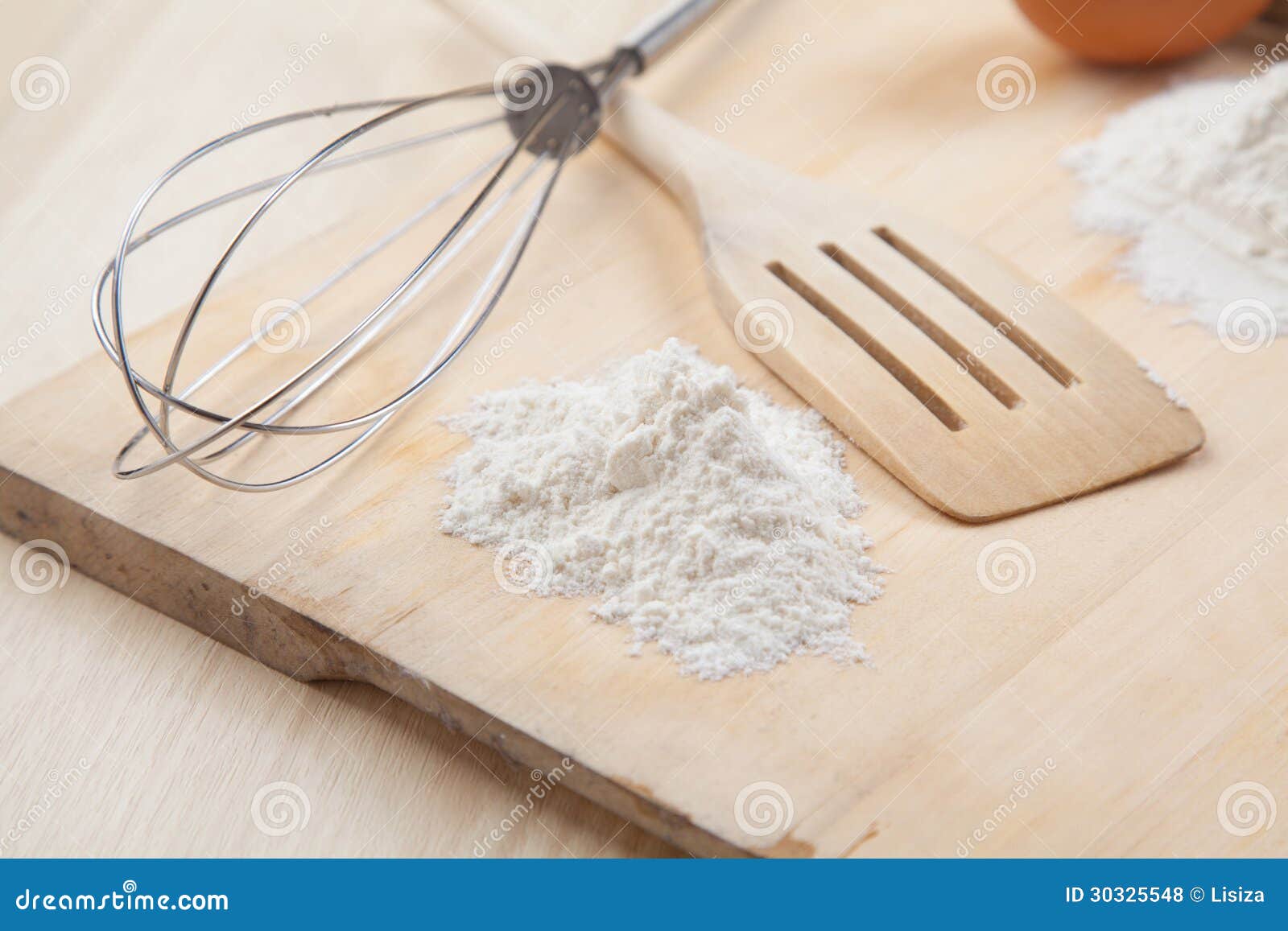 Whisk and Wooden Utensil with Flour Stock Photo - Image of food ...
