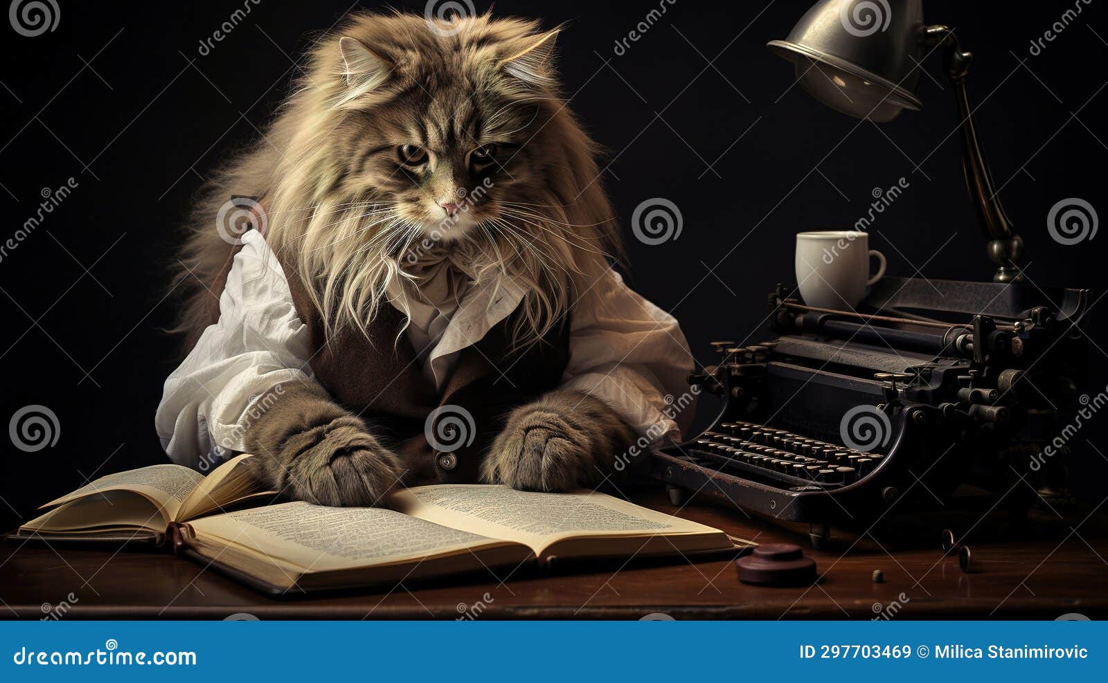Cat writter reading a book stock illustration. Illustration of story ...