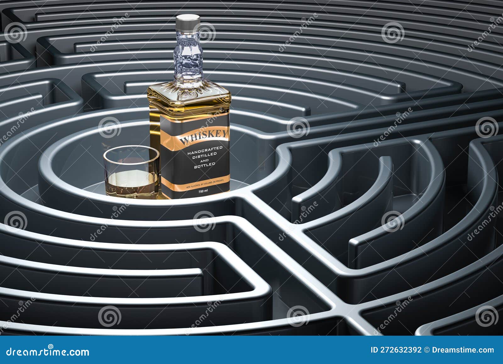 Whiskey Bottle and Full Glass of Whiskey Inside Labyrinth, Maze. 3D ... Whiskey Bottle and Full Glass of Whiskey Inside Labyrinth, Maze. 3D ...