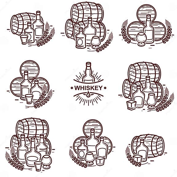 Whiskey Bottle and Glass Elements Set. Collection Icon Whiskey Stock ... Whiskey Bottle and Glass Elements Set. Collection Icon Whiskey Stock ...
