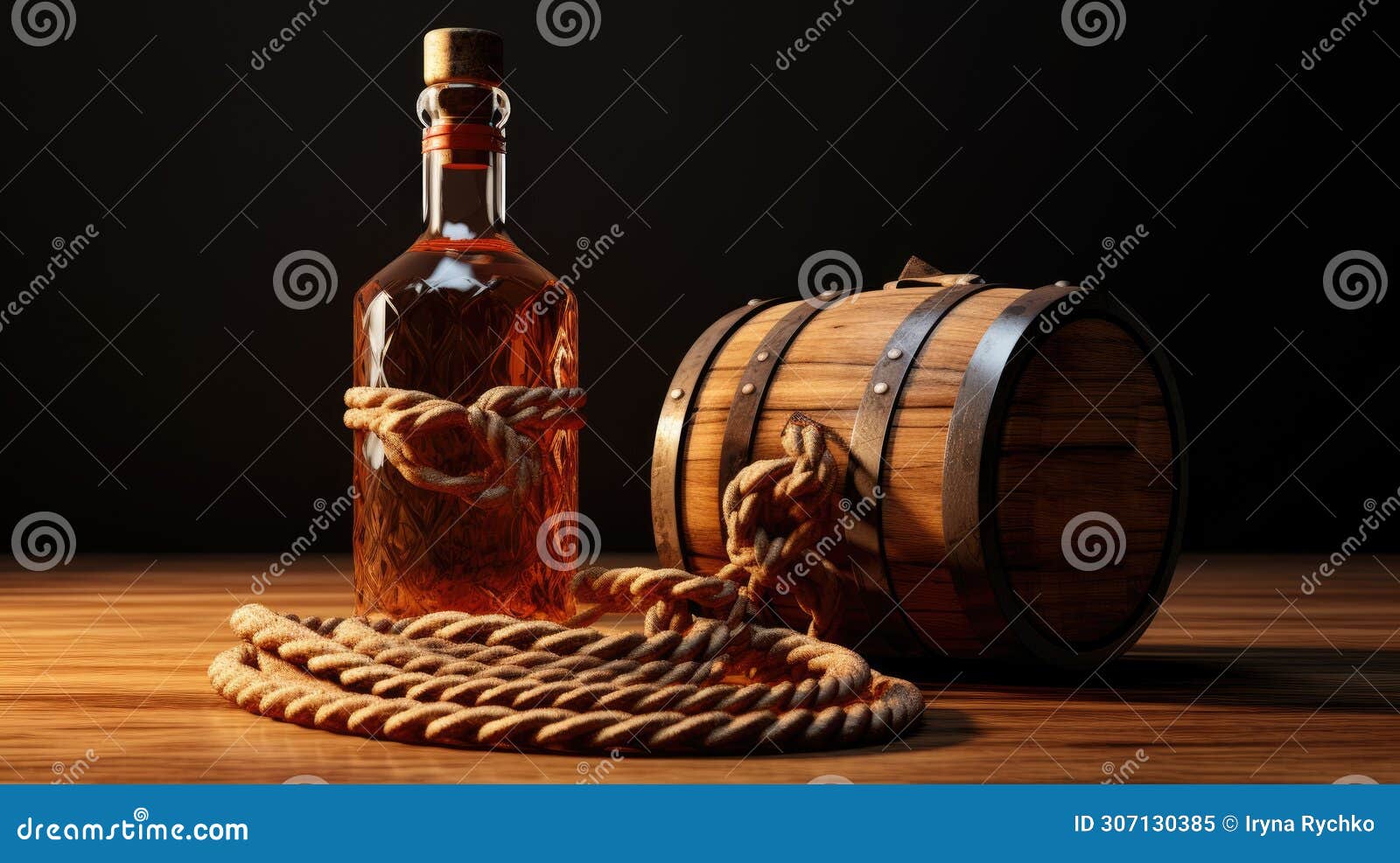 Whiskey Bottle with Ropes and a Barrel Stock Image - Image of rope ...