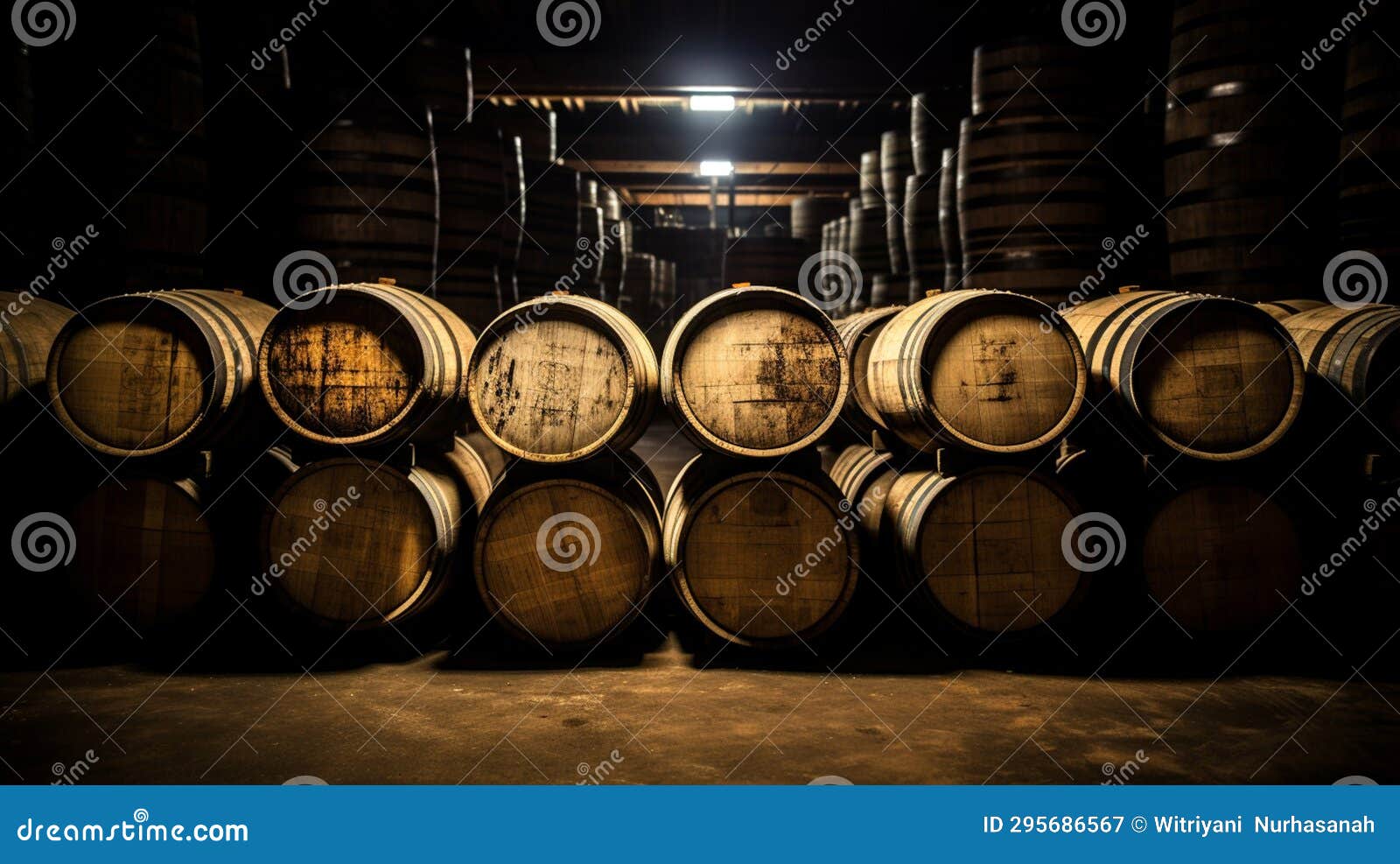 Whiskey, Bourbon, Scotch Barrels Aging Facility. Rows of Traditional ...