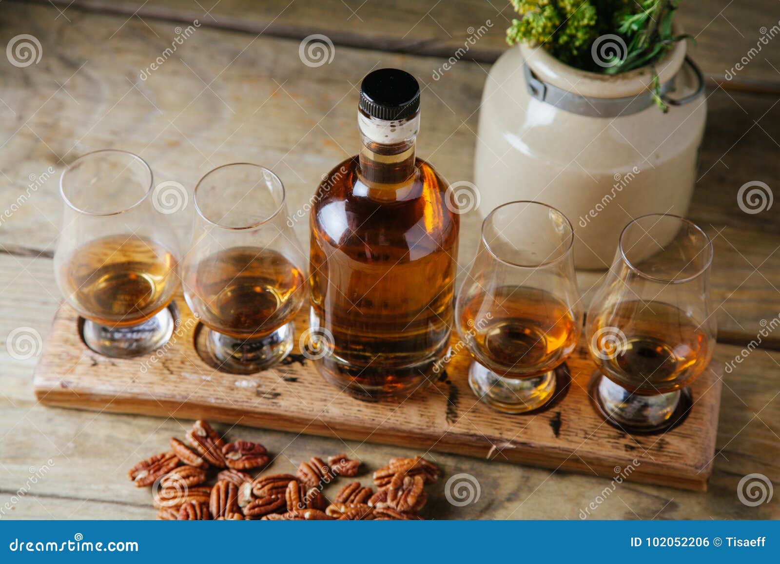 Whiskey Flight on Rustic Background Stock Photo - Image of hour ...