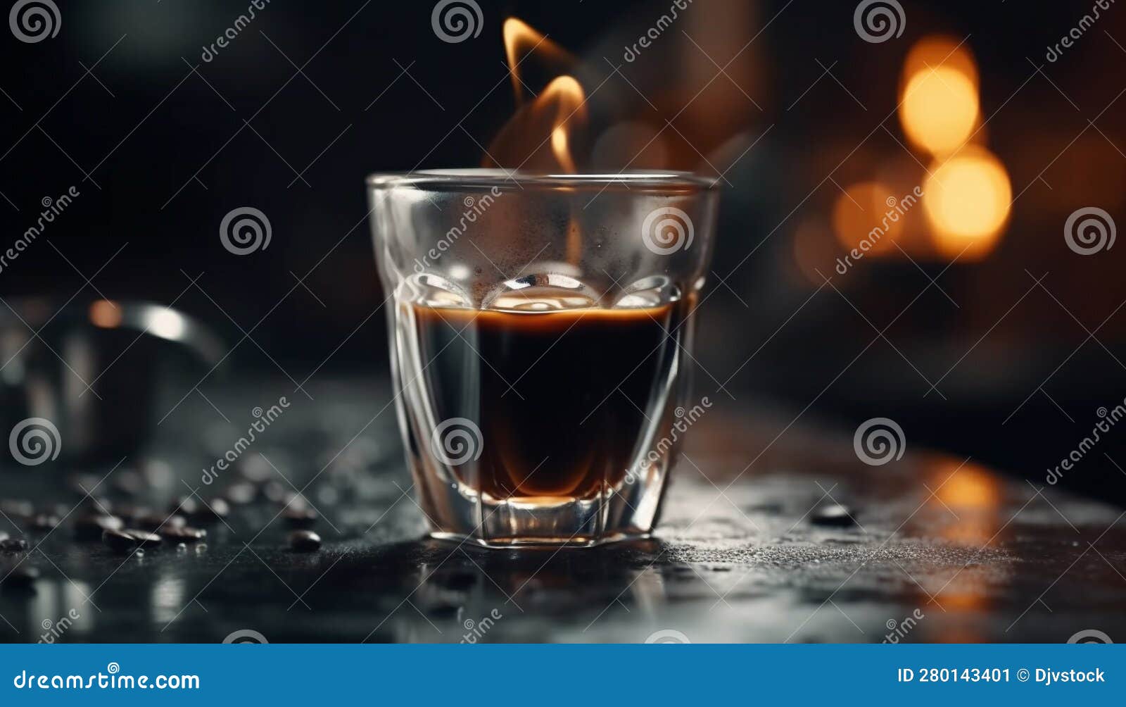 Whiskey Glass on Table, Ice Melting, Night at Bar Generated by AI Stock ...