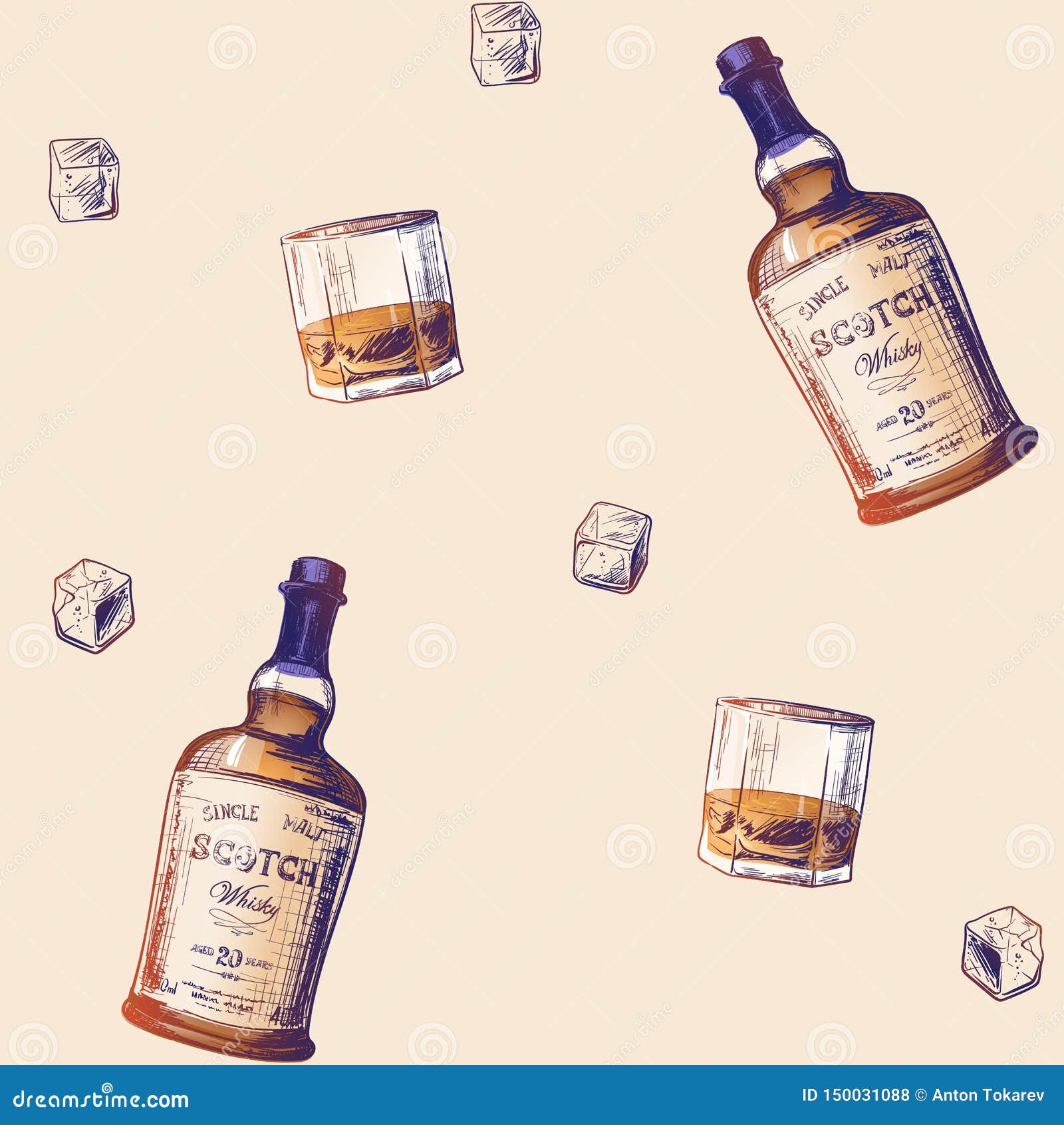 Bottle Scotch Seamless Pattern. Glass Of Whiskey And Ice Ornament ...