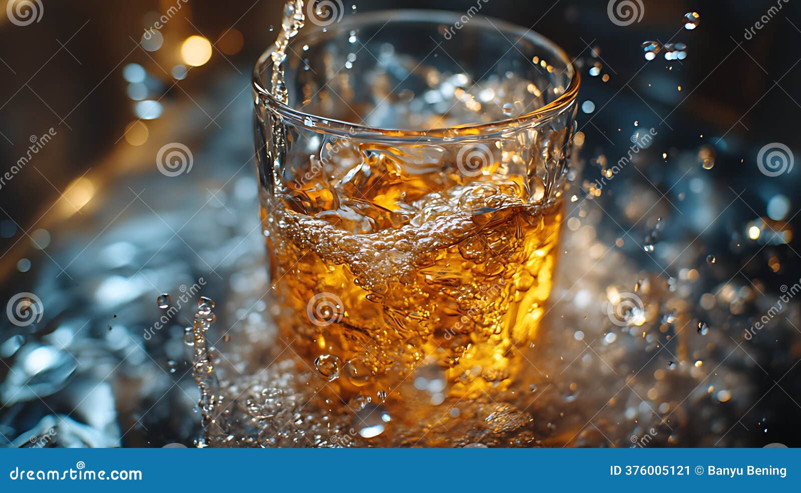 Whiskey Pouring Into Tumbler Filled Ice Cubes With Splash. Cinematic ...