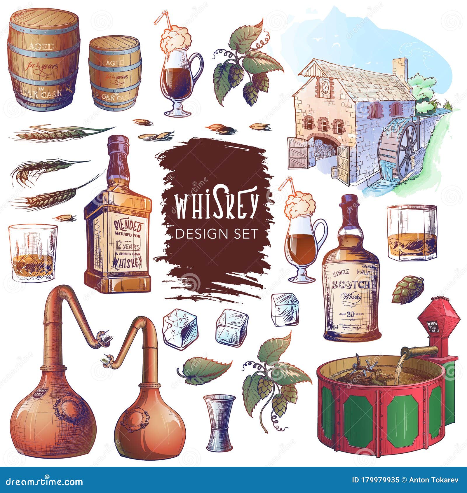 Whiskey Related Design Elements Set. Useful for Bar Pub or Distillery ...