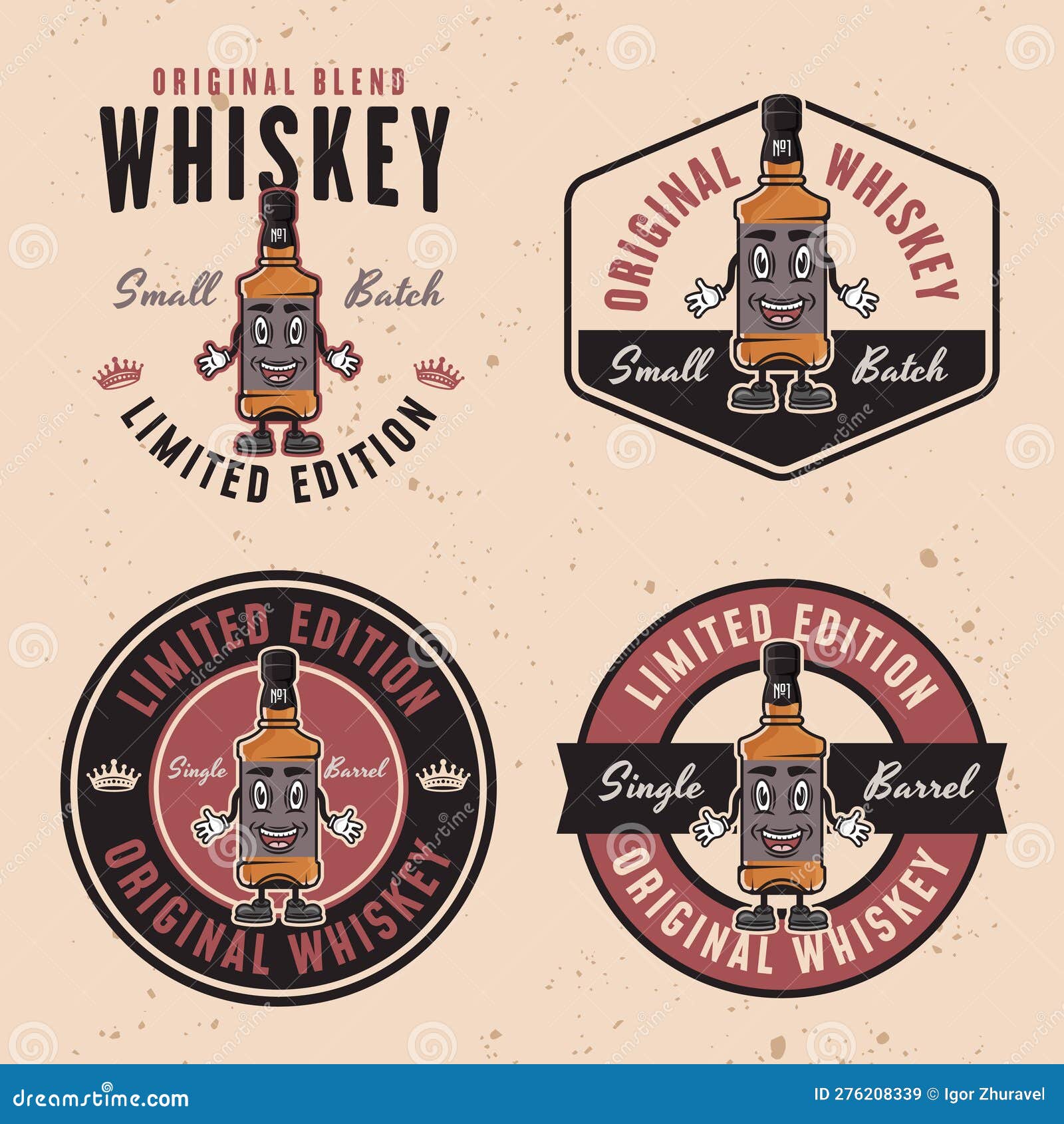 Whiskey Smiling Bottle Set Of Vector Colored Emblems, Badges, Labels Or ...