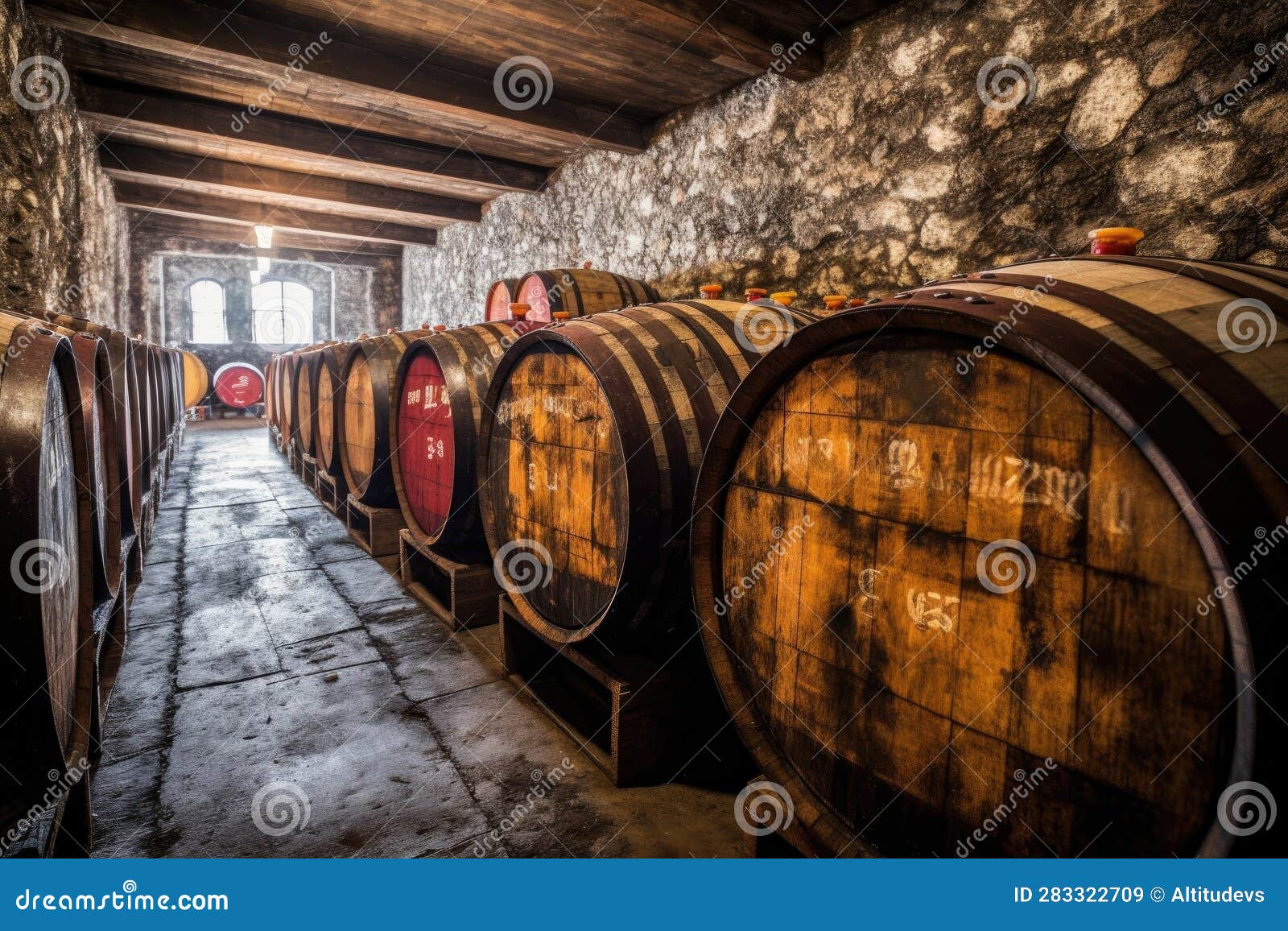 Whisky Aging in Oak Barrels with Visible Labels Stock Illustration ...
