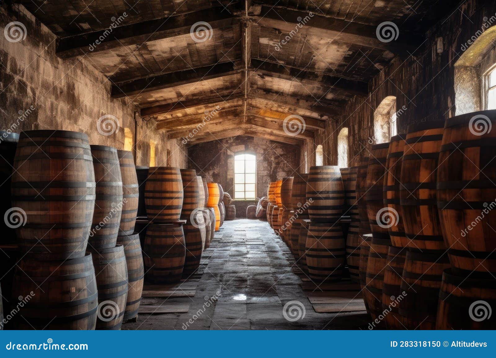 Whisky Casks Stacked in a Historic Stone Warehouse Stock Photo - Image ...