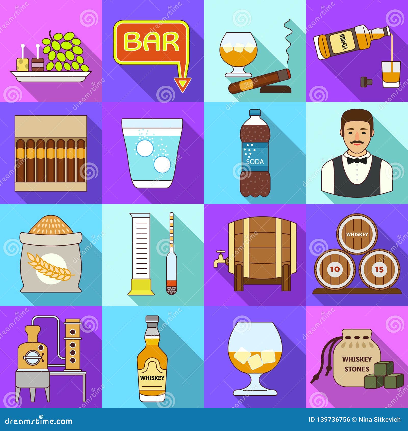 Whisky Icons Set, Flat Style Stock Vector - Illustration of object ...