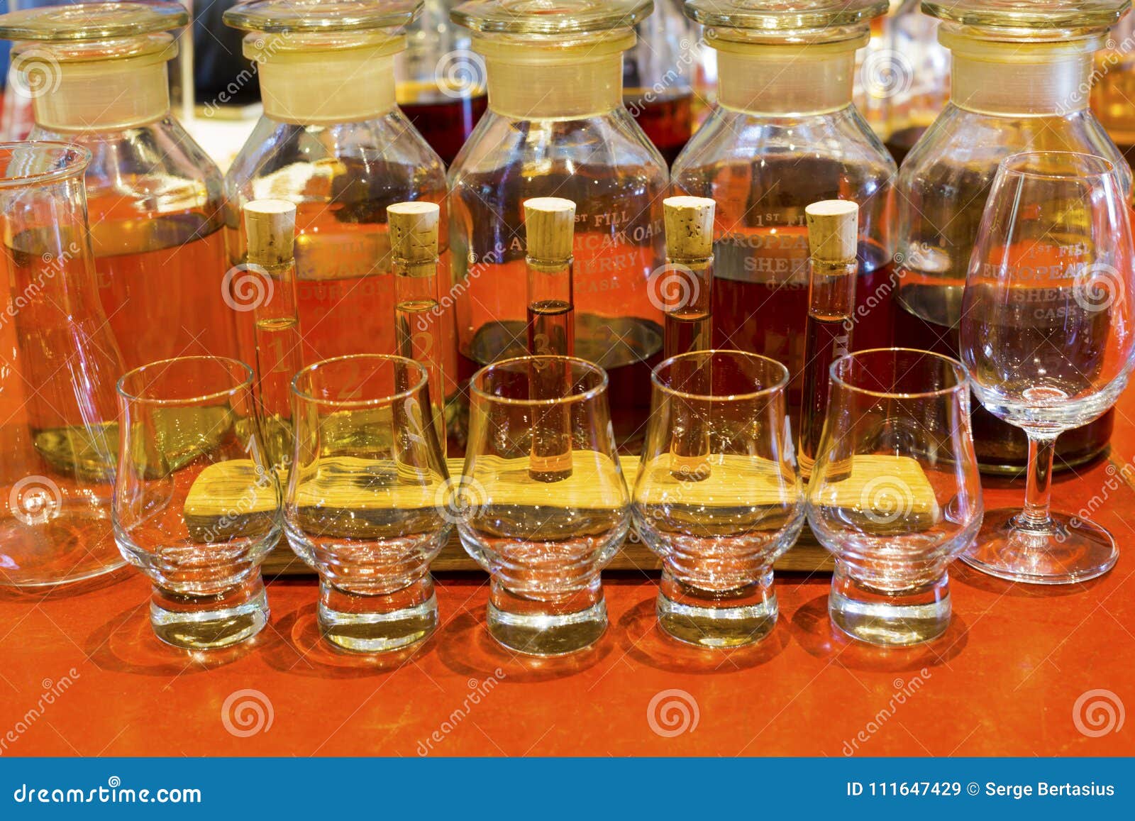 Whisky Tasting Setup with Numbered Sampling Glasses, Beaker and Stock ...