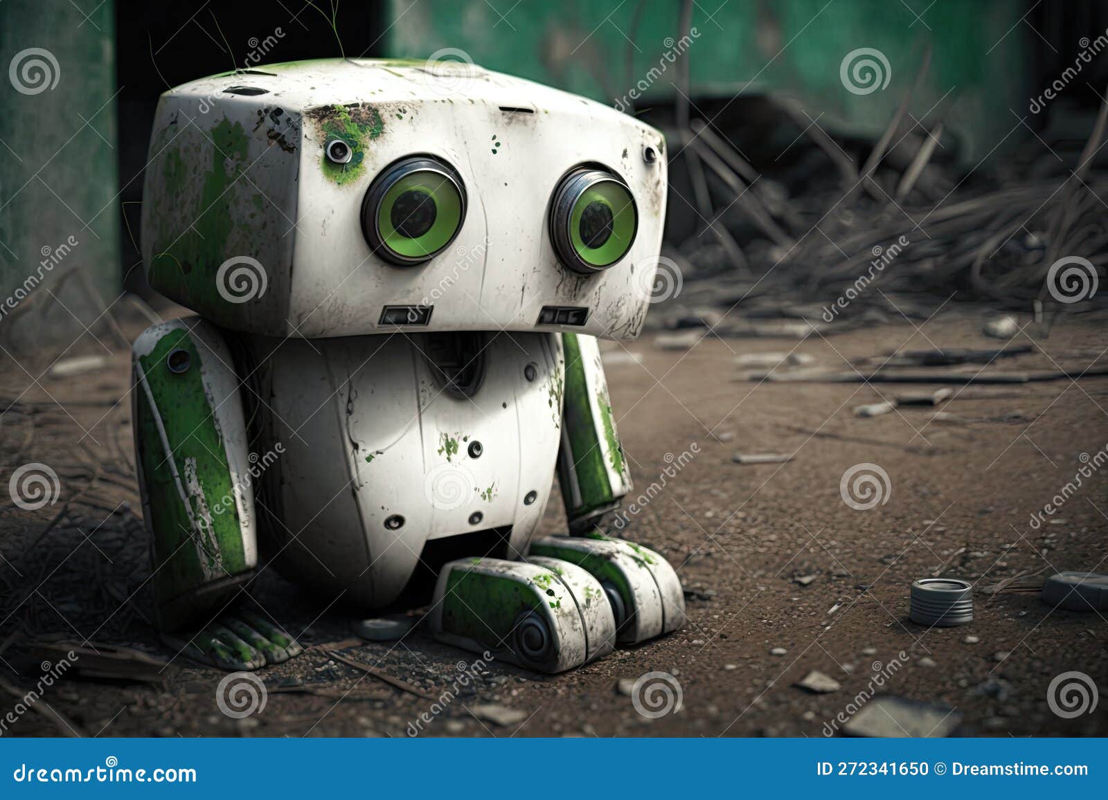 White Abandoned Sad Robot with Bright Green Eyes Stock Illustration ...
