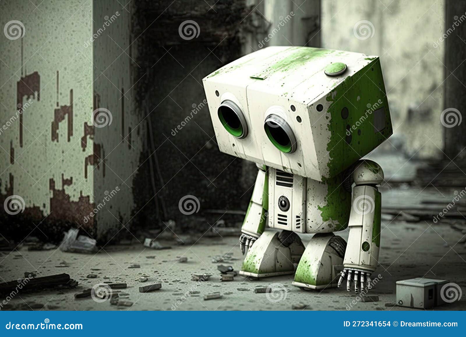 White Abandoned Sad Robot with Bright Green Eyes Stock Illustration ...