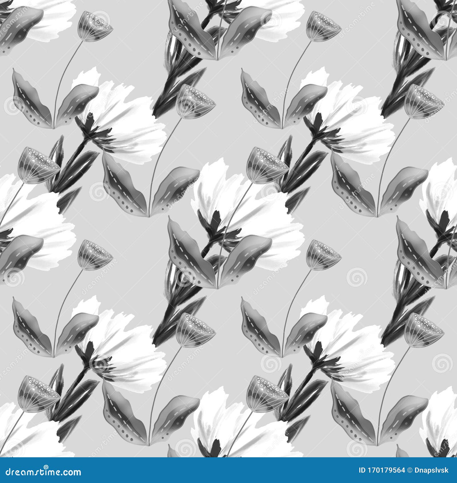 White Abstract Flower Hand Drawn on a Light Gray Background, Seamless ...