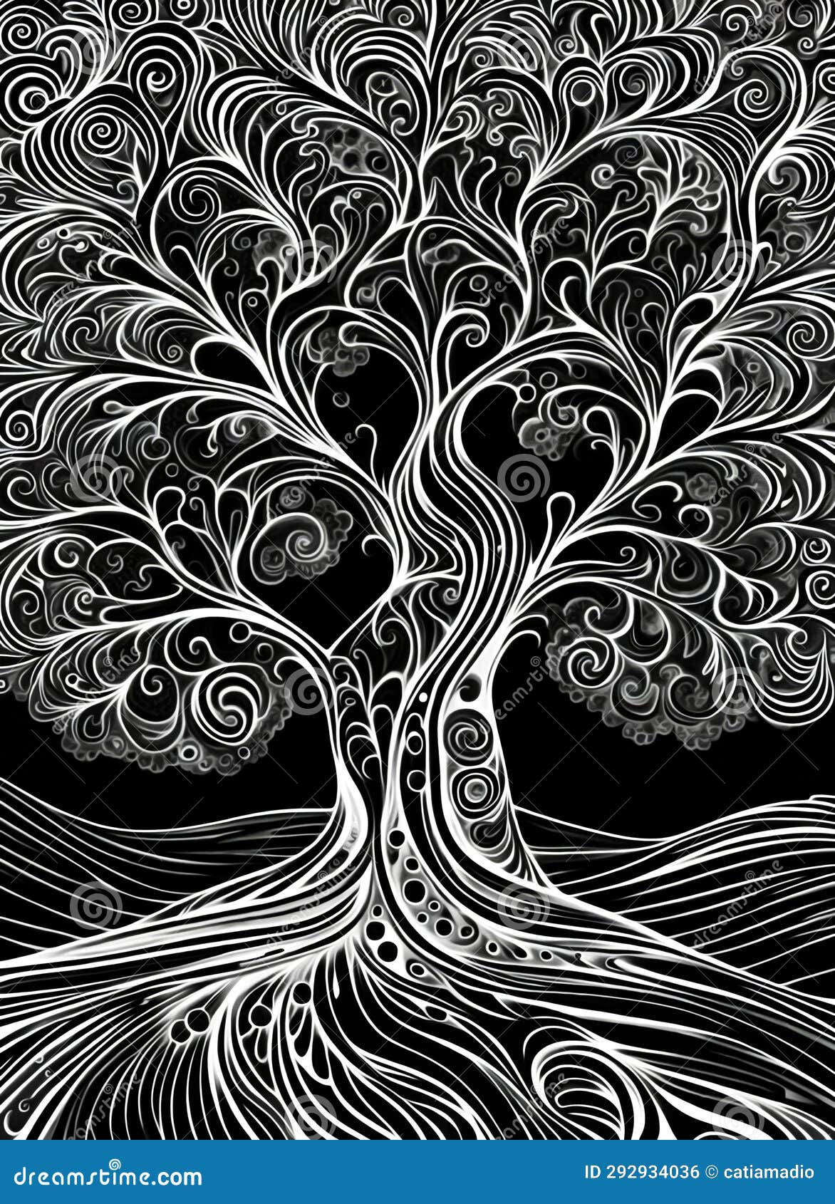 White Abstract Intricated Tree Design Over Black Background Stock ...