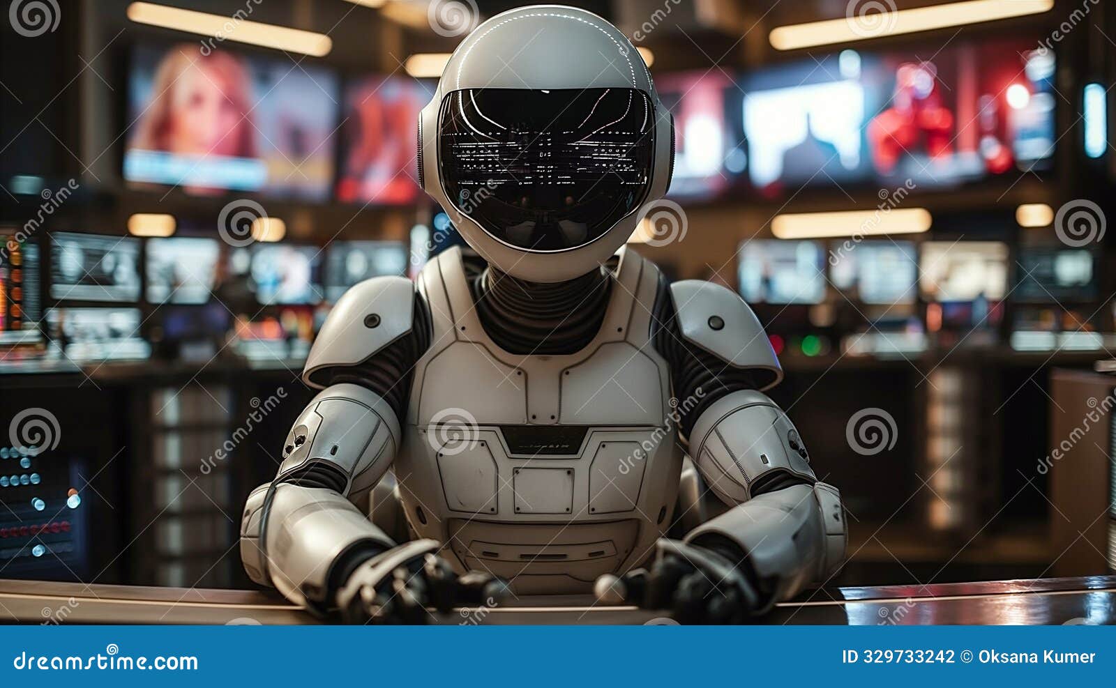 White AI Robot Sitting at Desk in Office Environment during Working ...