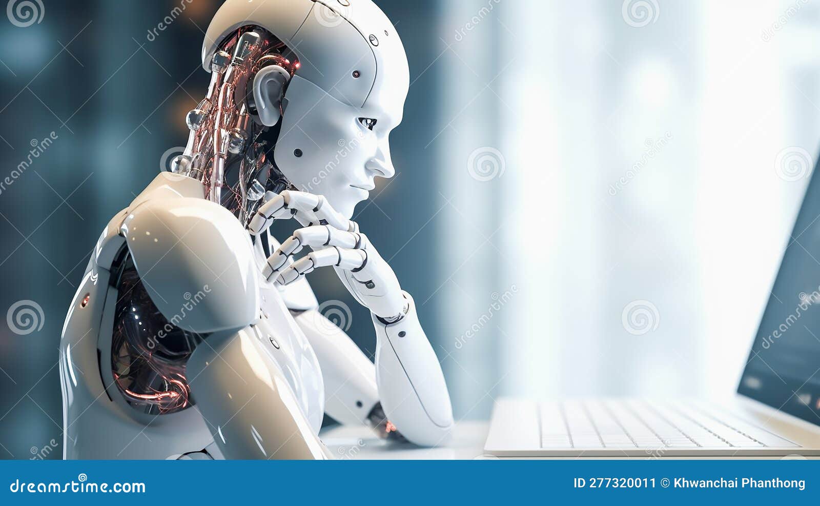 White Ai Robot Think and Looking on Monitor Creen Computer Working, High-tech Artificial ...