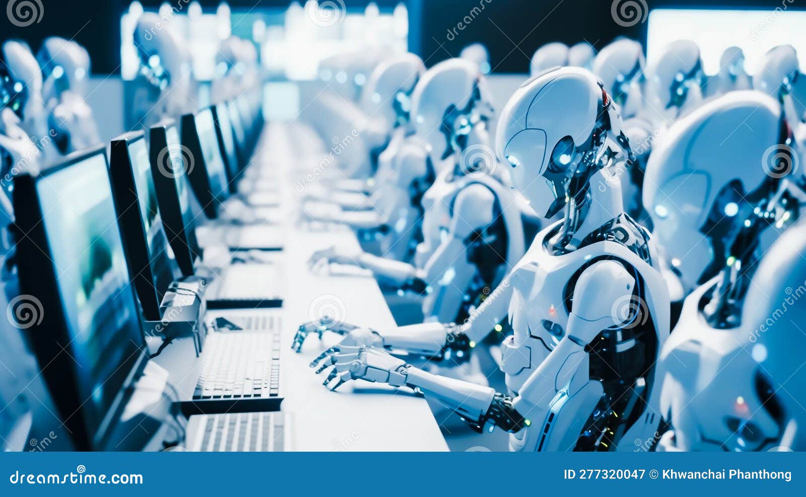 White Ai Robot Working and Looking on Monitor Creen Computer Lab, High ...