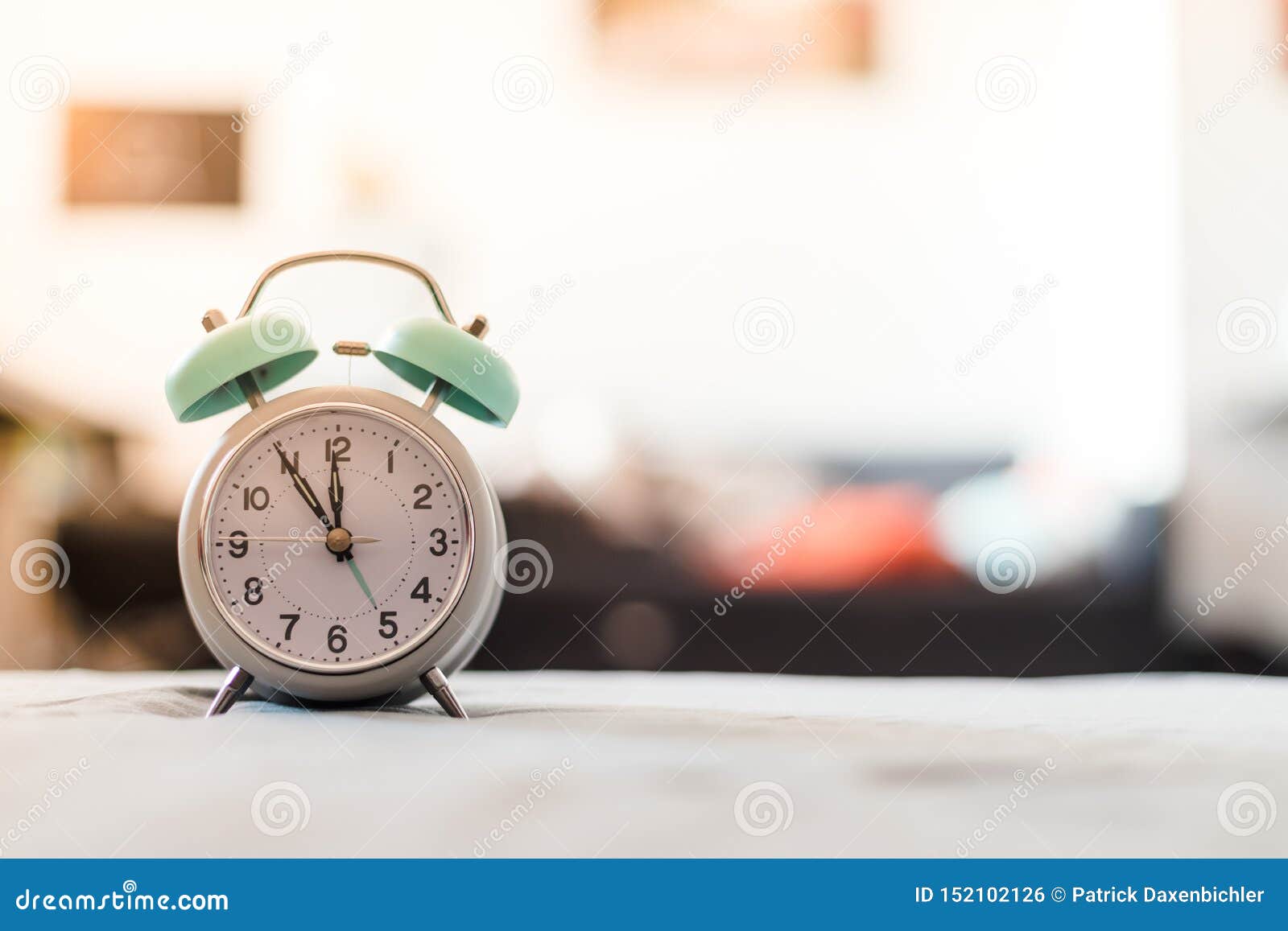 White Alarm Clock on the Bed, Morning, Copyspace Stock Photo - Image of ...